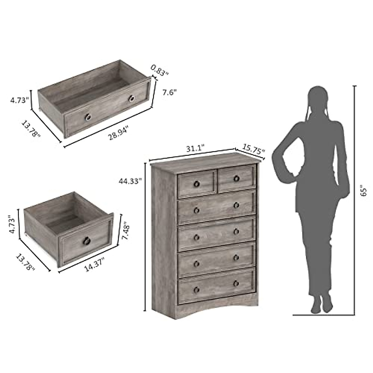 Modern 6 Drawer Dresser, Dressers for Bedroom, Tall Chest of Drawers Closet Organizers and Storage for Clothes - Easy Pull Handle, Textured Borders Drawers for Living Room, Bedroom, Hallway, Gray Wash