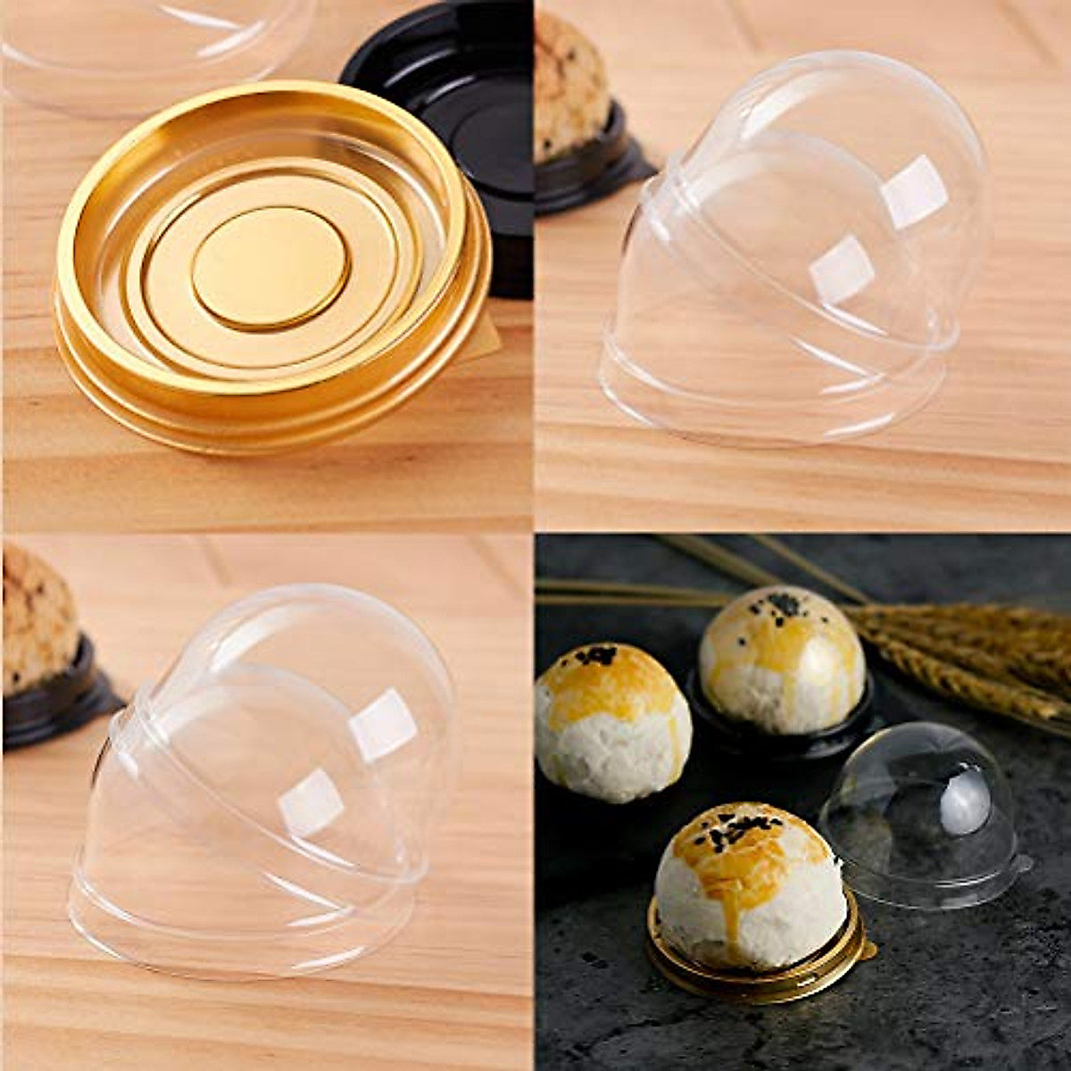 NUOBESTY Individual Cupcake Boxes, 100pcs Golden Tray Round Plastic Transparent Dome Cupcake Boxes Egg-Yolk Puff Food Container Single Mooncake Dome Boxes Baking Packing Box |2.75x2.75x1.96 inch