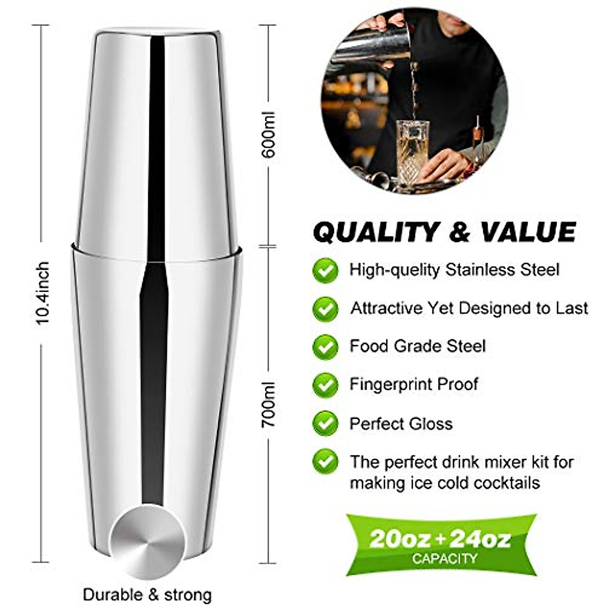 Cocktail Shaker Set, 23-Piece Boston Stainless Steel Bartender Kit with Acrylic Stand & Cocktail Recipes Booklet, Professional Bar Tools for Drink Mixing, Home, Bar, Party (Include 4 Whiskey Stones)