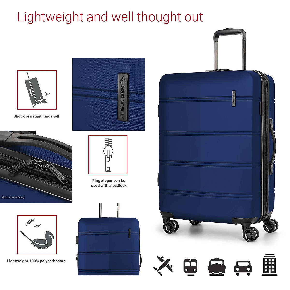 Swiss Mobility LAX Collection 3 Piece Hard Shell Luggage Set, Expandable Suitcases with 360-Degree Spinner Wheels, Retractable Handle, 20 Inch Carry On, 24 Inch Mid-size, 28 Inch Large Bags, Blue