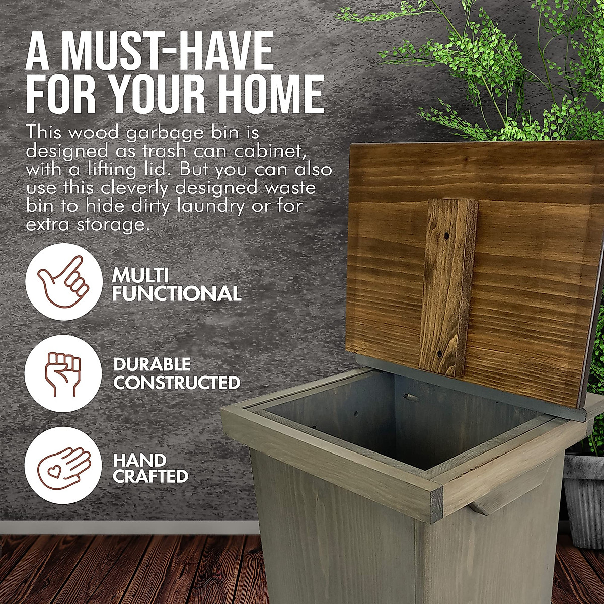 Peaceful Classics Wood Garbage Bin Cabinet - Wooden Trash Can w/Hidden Design, Stylish Kitchen Garbage Can, Amish Made Cabinet Hidden Trash Can, Handmade Waste Bin Cabinet Storage (Pewter)