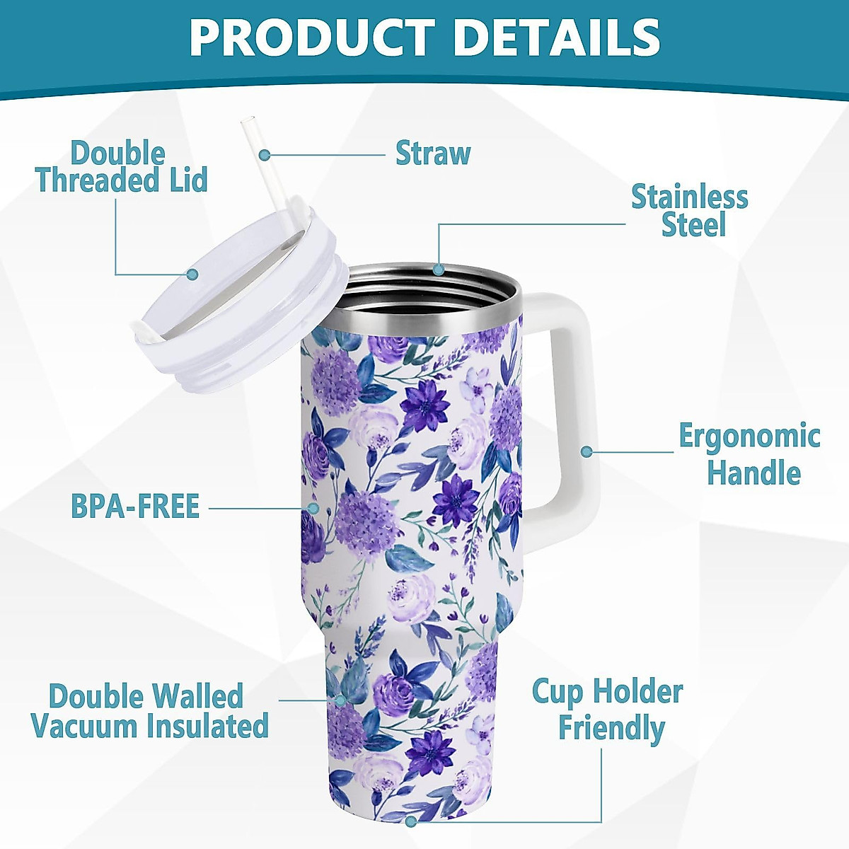 Adornlife Violet Flowers 30 oz Tumbler with Handle and Straw Lid, 100% Leak-proof Travel Coffee Mug, Stainless Steel Insulated Cup For Beverages, Cupholder Friendly