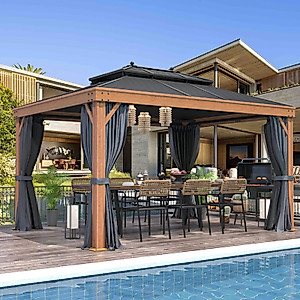 EROMMY 10' x 13' Hardtop Gazebo Outdoor Aluminum Wood Grain Gazebos with Galvanized Steel Roof and Mosquito Net for Patios, Deck,Backyard,Curtains&Netting