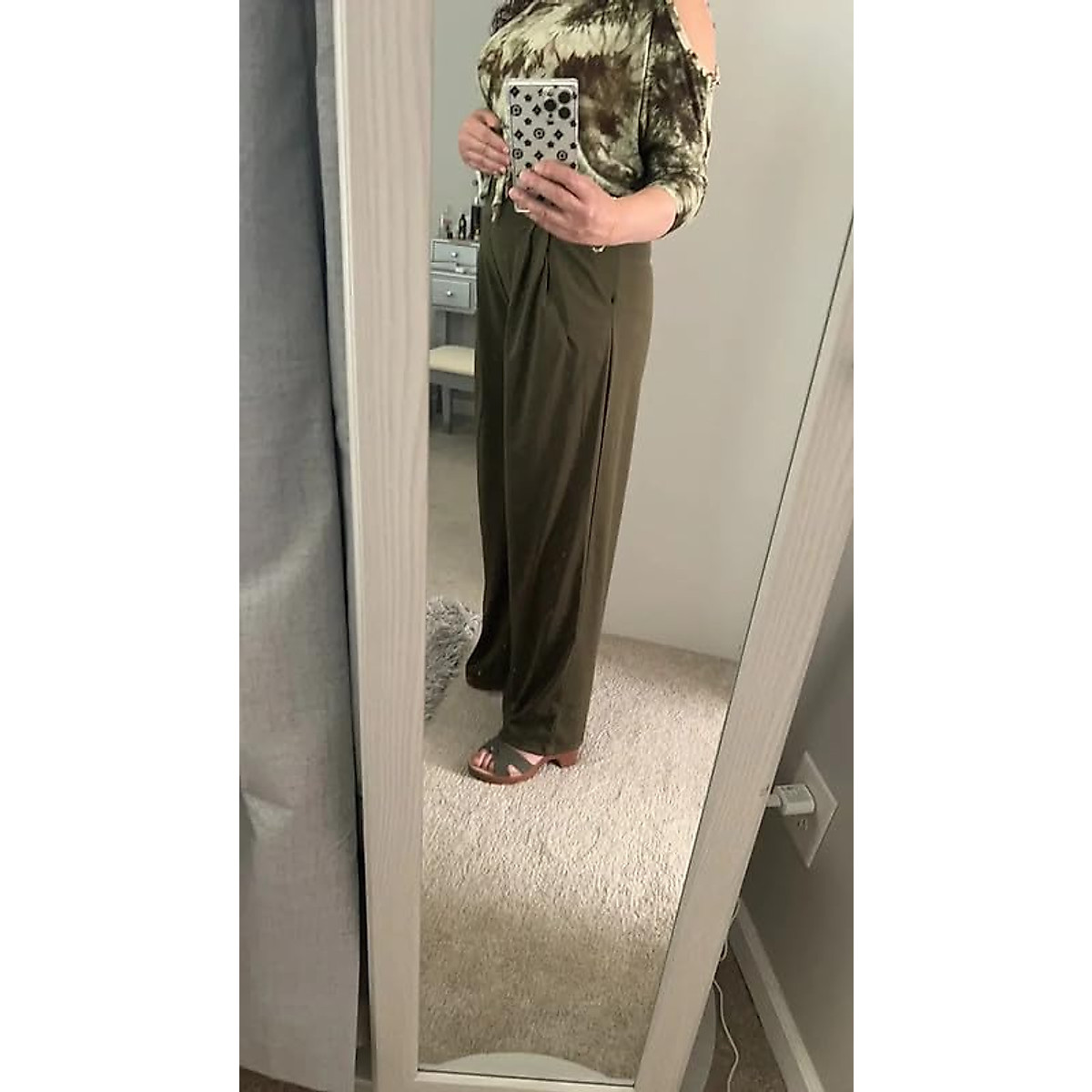 LROSEY Women's Stretchy Solid Color High Waisted Wide Leg Palazzo Pants with Pockets Green