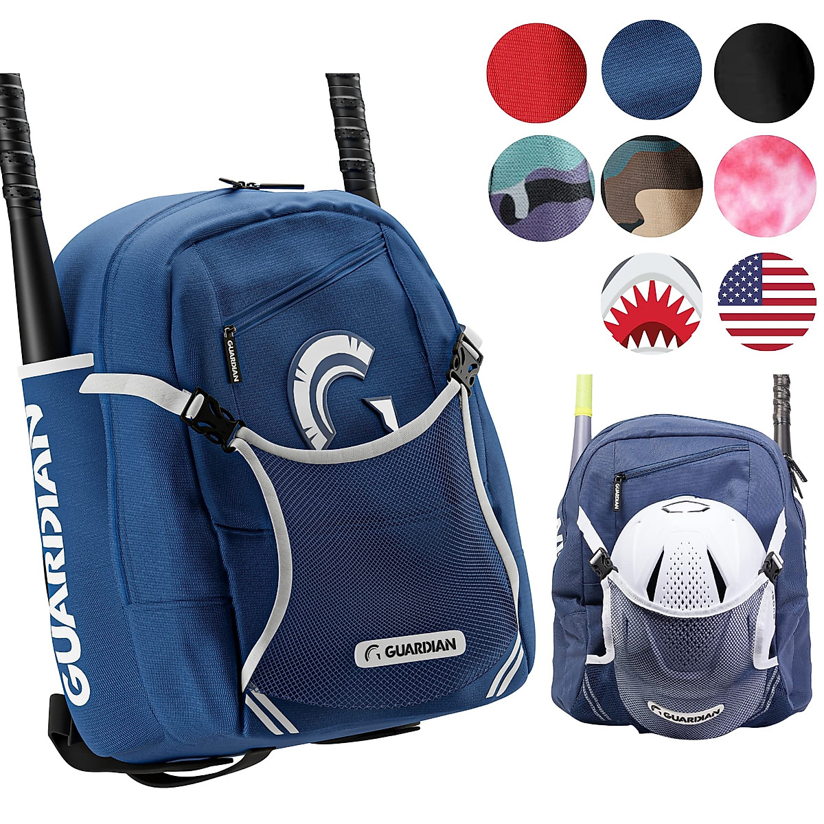 Guardian Baseball Backpack for Youth, Softball Bag for Girls, Durable Bat Bags Baseball Youth Boys and Girls, TBall Bag – Includes Hook to Hang on Fence - Navy/White