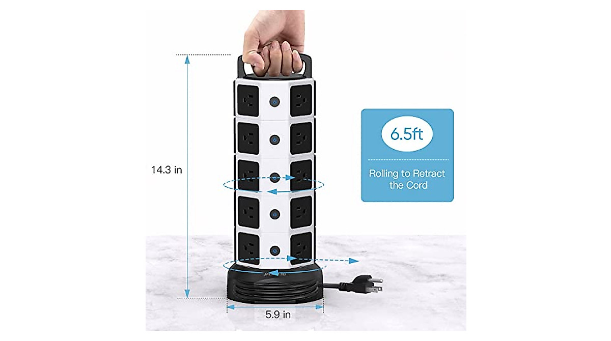 JACKYLED Power Strip Tower: 20 Outlets & 6 USB Ports