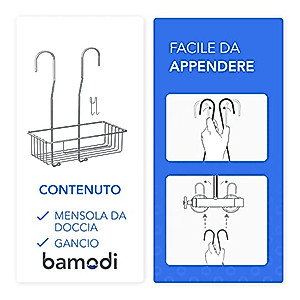 Bamodi Shower Caddy Hanging Stainless Steel | Rustproof Hanging Basket with Hooks-Shower Shelf Bathroom Accessory with Silicone Sleeves and Rubber Rings for Noise Cancelling (15.7x 9.8x 5 Inches)