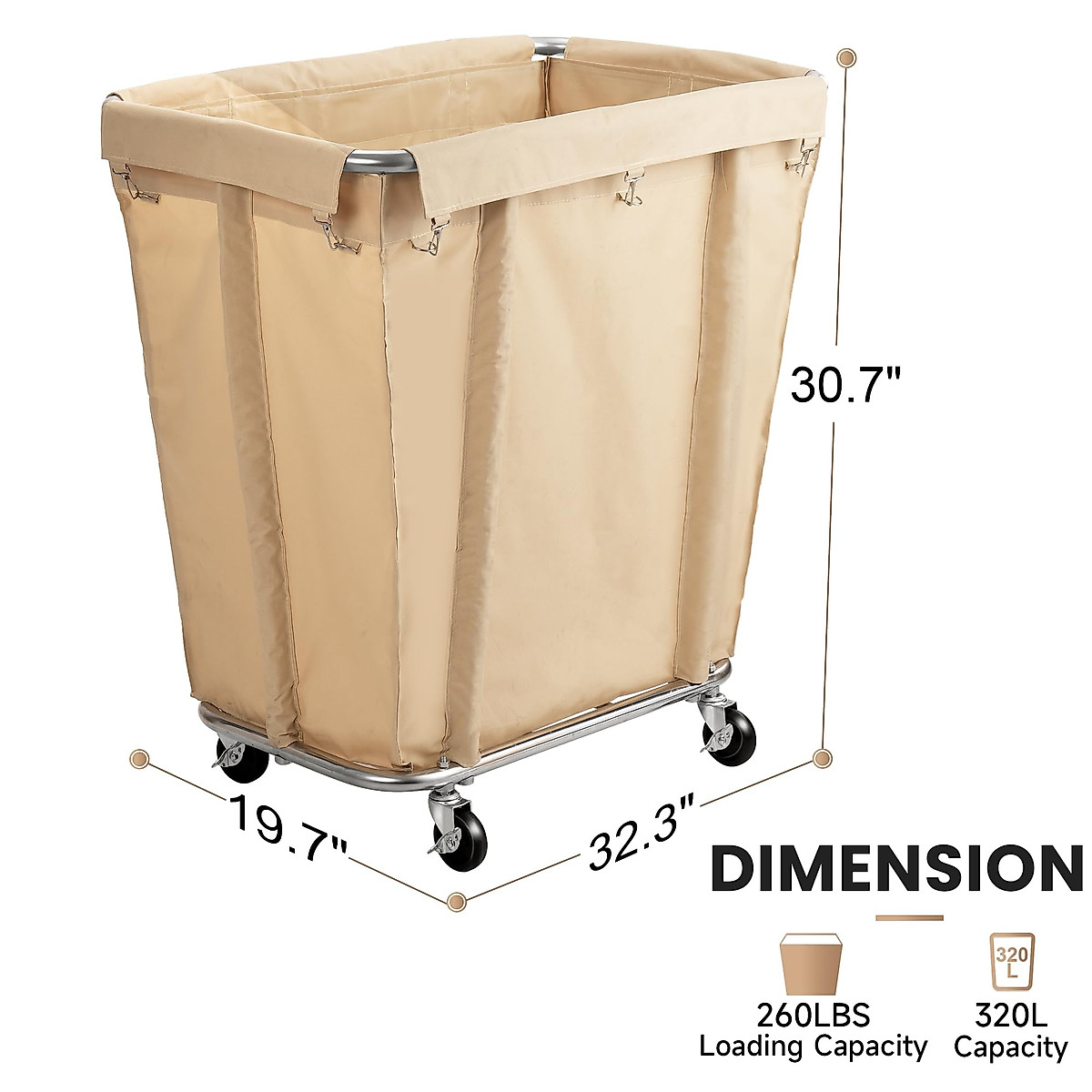 Rengue Laundry Cart with Wheels, 320 L Capacity Commercial Laundry Sorter Rolling Laundry Hamper with Waterproof Oxford Basket and Sturdy Steel Frame, 260 lbs Load, Beige