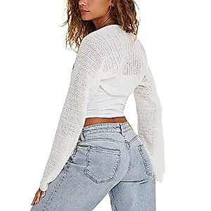 Women Y2K Crochet Shrug Sweater Knitted Long Sleeve Solid Color Open Front Cropped Cardigan Crop Tops Streetwear (F Creamy, M)