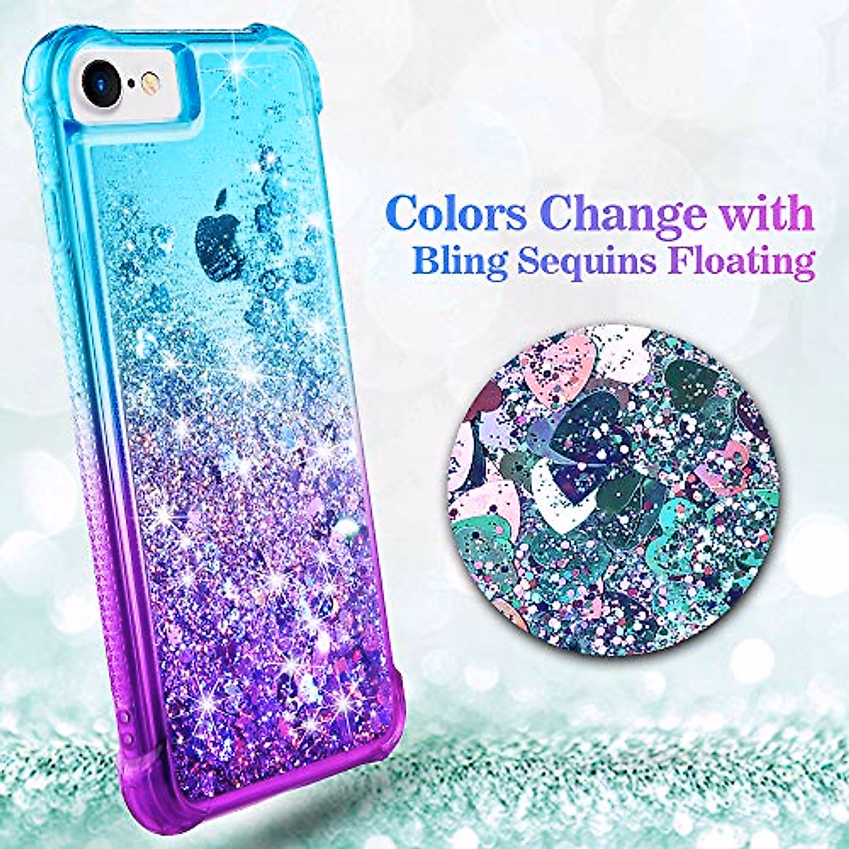 Ruky iPhone 6 6S 7 8 Case, iPhone SE 2020 & iPhone SE 2022 Case, Gradient Quicksand Series Glitter Bling Flowing Liquid Floating TPU Bumper Cushion Protective Women Girls Phone Case (Teal Purple)