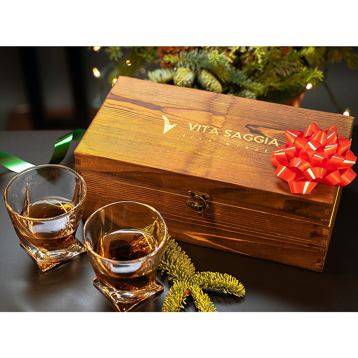 Luxury Whiskey Glass Set of 2, Gift Set in Wooden Box, Includes 9 Whiskey Ice Stones, Velvet Bag and Stainless Steel Tongs. Great Gift for Men, Dad, Christmas