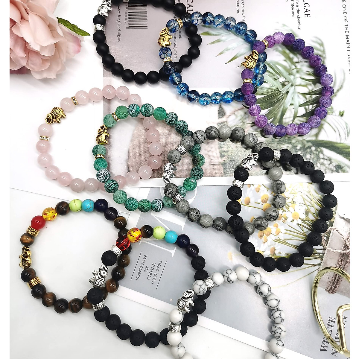 SAMOCO 10PCS 8MM Chakra Bead Bracelet Elephant Gifts for Women Men Handmade Gemstone Bracelets Stretch Bracelet Crystal Lava Rock Reiki Yoga Balancing Bracelets