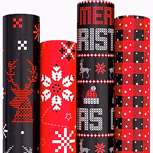 Merture Red and Black Christmas Wrapping Paper Set, Pixel Christmas Gift Paper Jumbo Roll with Reindeer, Snowflake, Christmas Text, Santa Hat, Buffalo Plaid - 4 Rolls - 30 In x 10 Ft per Roll