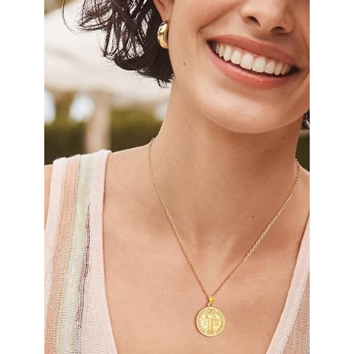 U7 Women Men 18K Gold Plated 925 Sterling Silver 1.5mm Dainty Chain & Coin Saint Benedict Pendant Necklace