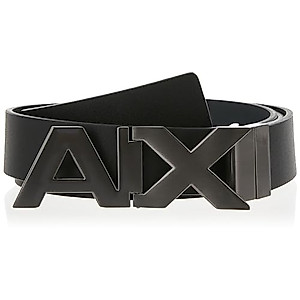 Armani Exchange Men's Leather Wide Logo Belt Buckle, black/phantom, 38