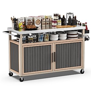 Skyflame Outdoor BBQ Storage Cabinet with Wheels, XL Stainless Steel Tabletop Grill Cart for Food Prep, Portable Kitchen Island Grilling Accessory for Patio, Backyard, Home Party, Bar