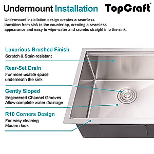 TopCraft Kitchen Sink Workstation Double Bowl 33-inch Undermount 16 gauge Kitchen Sink Stainless Steel Kitchen Sink with Integrated Ledge 60/40 Kitchen Sinks - HRO3319GSS