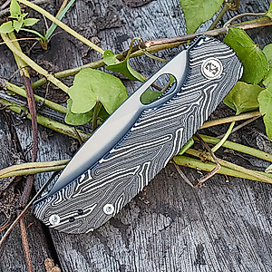 Miguron Knives M Moyarl Folding Knife,3.25" Dark Grey PVD 14c28n Blade Black Damascus G10 Handle With Titanium Pocket Clip, Camping Hiking Pocket Knife MGR-806DBK
