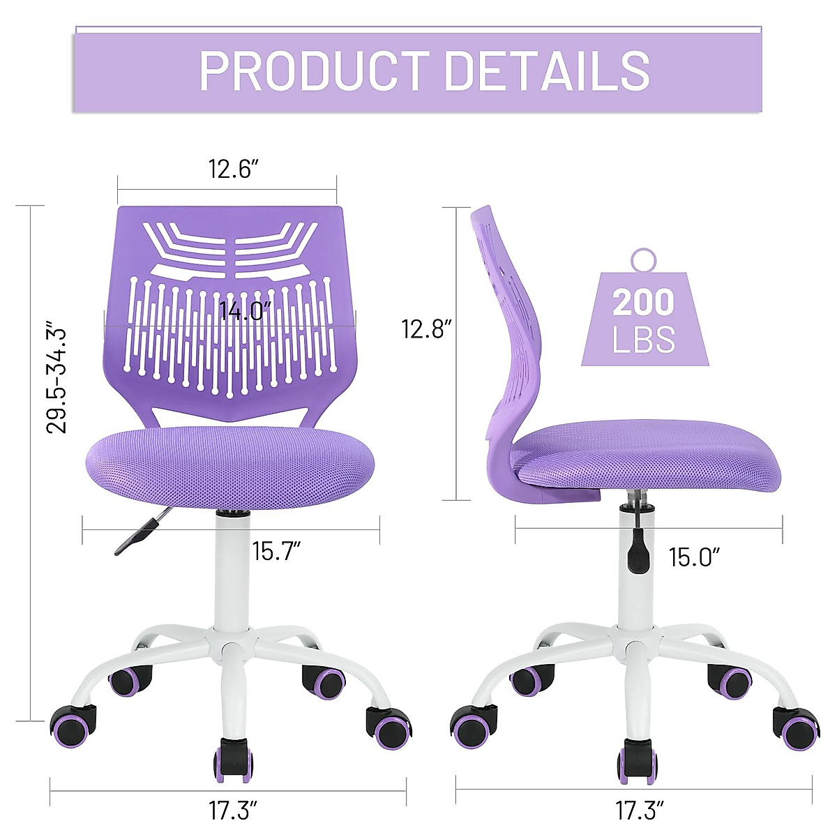 Kids Desk Chair, Armless Home Office Task Chair with Mesh Padded Cushion, Swivel Study Computer Chair with Rolling Wheels for Children Student, Purple