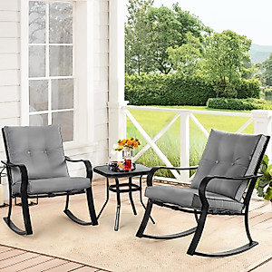 SUNCROWN Outdoor 3-Piece Rocking Chairs Patio Bistro Set Black Steel Furniture with Thickened Cushion and Glass-Top Coffee Table, Grey