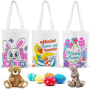 JOYIN Easter Tote Bags Easter Canvas Bags Reusable Grocery Shopping Bags Bunny Bags for Easter Eggs Hunt, Easter Basket, Easter Gift Goodie Bags with Handles for Easter Kids Party Favor Supplies