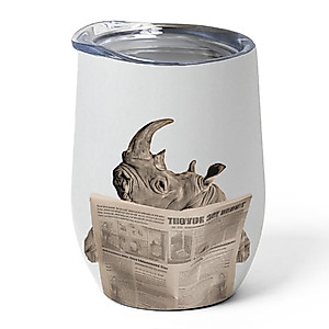 Rhino Rhinoceros Reading Newspaper Tumbler 12oz Stainless Steel Vacuum Insulated Wine Cup With Lid - Gifts for Rhinoceros Lovers