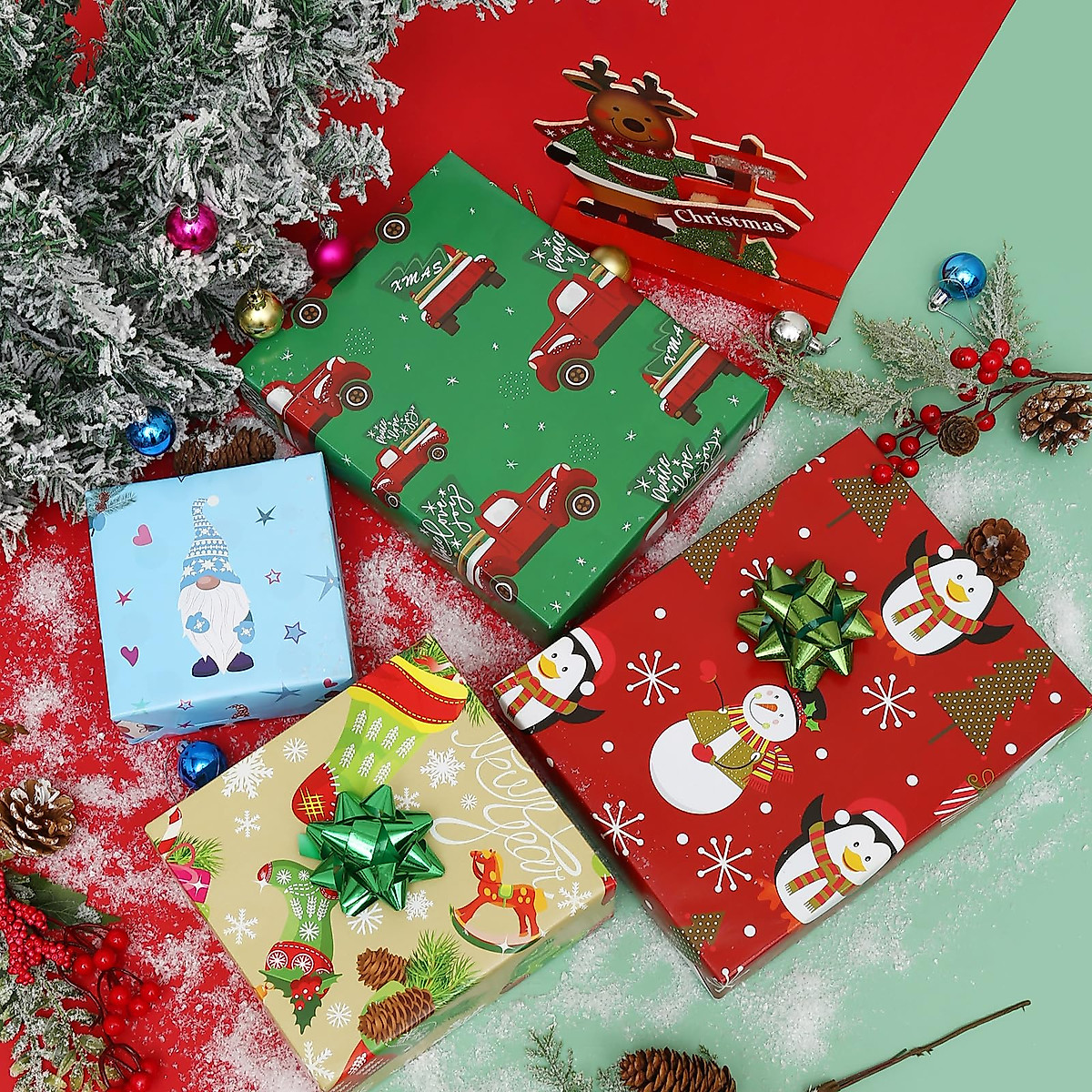 U'COVER Christmas Wrapping Paper for Kids Boys Girls 8 Large Sheet Xmas Holiday Gift Wrapping Paper Penguin Snowman Red Truck Gnomes Stocking Wrap Paper Fold 27 * 36inch