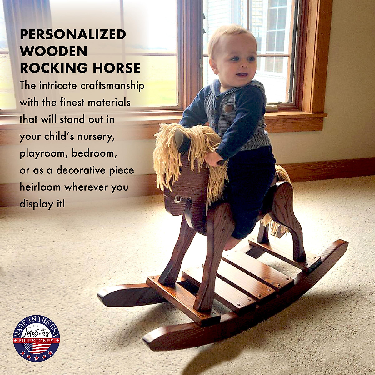 LifeSong Milestones Personalized Solid Oak Wooden Rocking Horse Cherry Toy for Toddlers Childrens and Kids Housewarming Nursery Gift Decorations Handcrafted in The USA Size: 34" L x 11.5" W x 24" H.