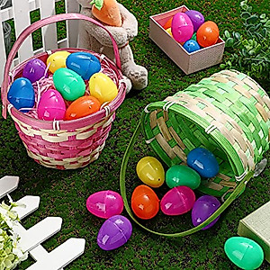 4 Set Large Easter Basket Bulk with 24 Pcs Easter Eggs, Handle Round Bamboo Woven Basket with Plastic Easter Eggs and 4 Pcs Colored Raffia Grass for Kids Baby Easter Bunny Party Supplies