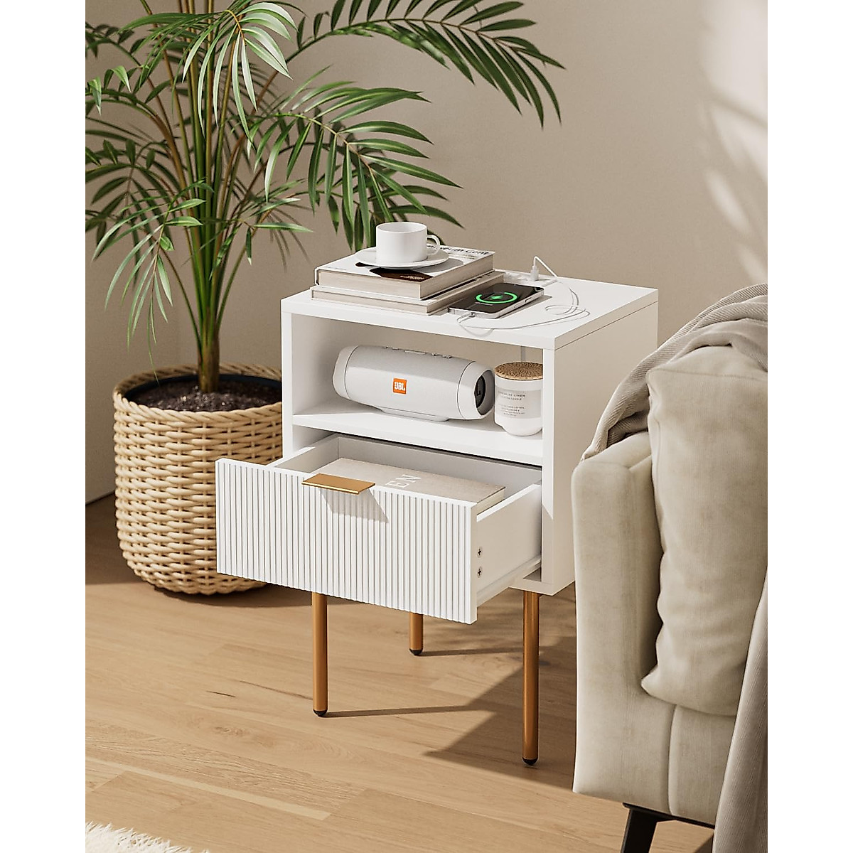 Aobafuir Nightstand with Charging Station, Drawer Dresser for Bedroom, Small Side Table with Drawer, Night Stand, End Table with Gold Frame for Bedroom, Living Room, Stripe White