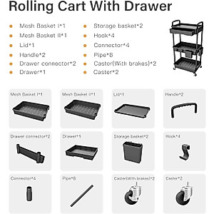 SORGION 3 Tier Rolling Cart Organizer,Laundry Room Bathroom Organizers and Storage Office Shelves Mobile Shelving Unit Kitchen Trolley Cart with Wheels for Art,Craft,Diaper,Bedside,Snack(Black)