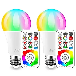 ILC LED Color Changing Light Bulb, 120 Colors, 5700K Daylight White, 70 Watt Equivalent with Remote Control RGBW RGB Daylight and White – Timing Function - A19 E26 Edison Screw (2 Pack)