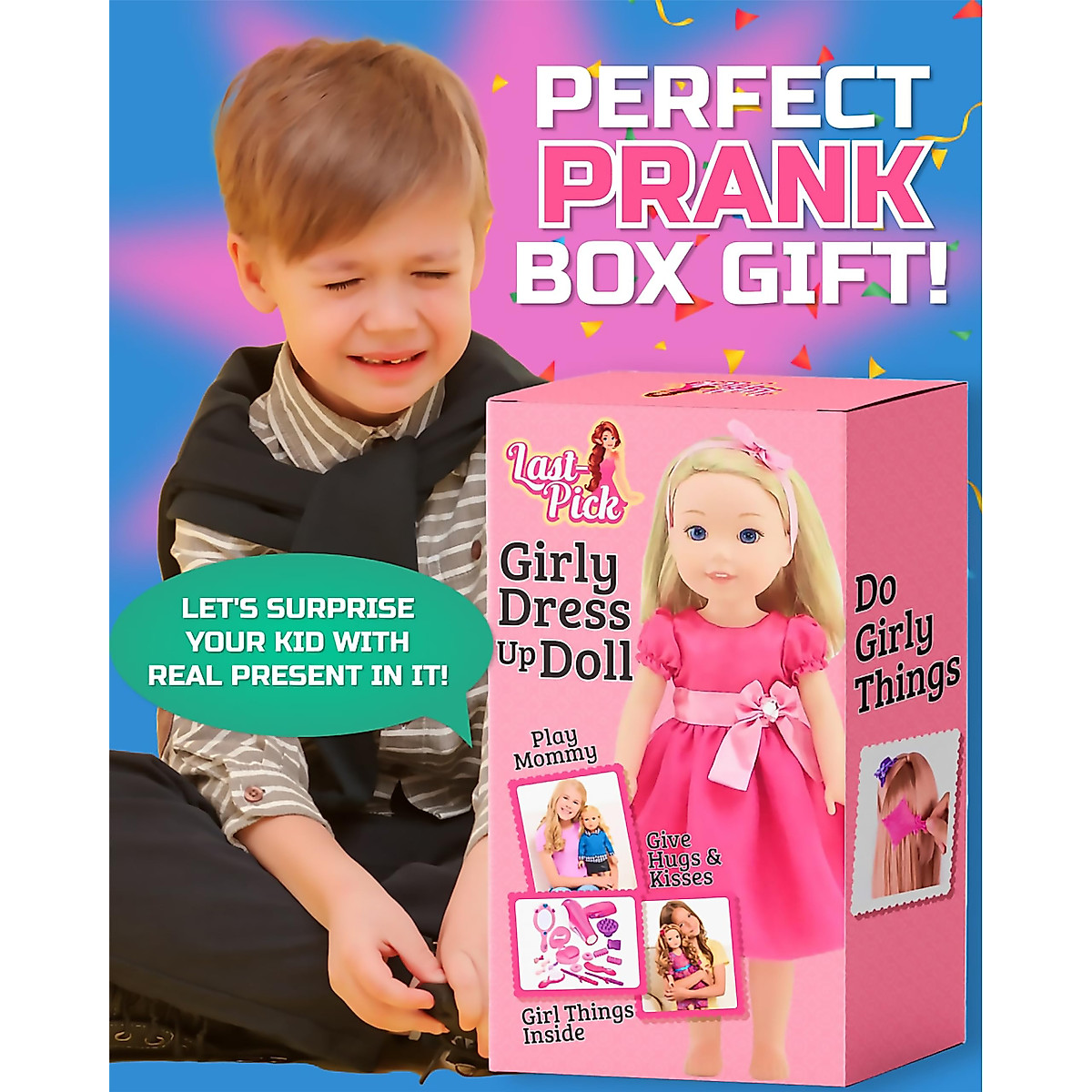 Skywin Prank Gift Box Sleeve - Fake Prank Box disguise Gift a Girly Dress-Up Doll for adults or kids - Novelty Gag Gift Box for Pranksters (Doll)