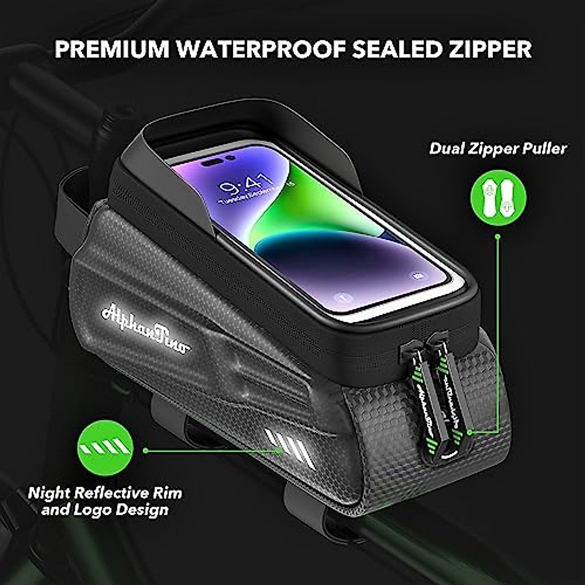 Alphantino Bike Phone Holder Bag - Large Capacity Bicycle Top Tube Handlebar Front Frame Pouch Cycling Hard Case Mount, EVA Pressure-Resistant Bag, TPU Touch-Screen & Sun-Visor (Green ZIpper)