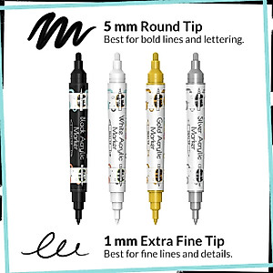 Funcils 4 Dual Tip Acrylic Paint Pens - Fine Tip & Medium, Permanent & Waterproof - Acrylic Paint Markers for Rock Painting, Canvas, Wood, Ceramic, Glass, Fabric, Metal - White, Black, Gold & Silver