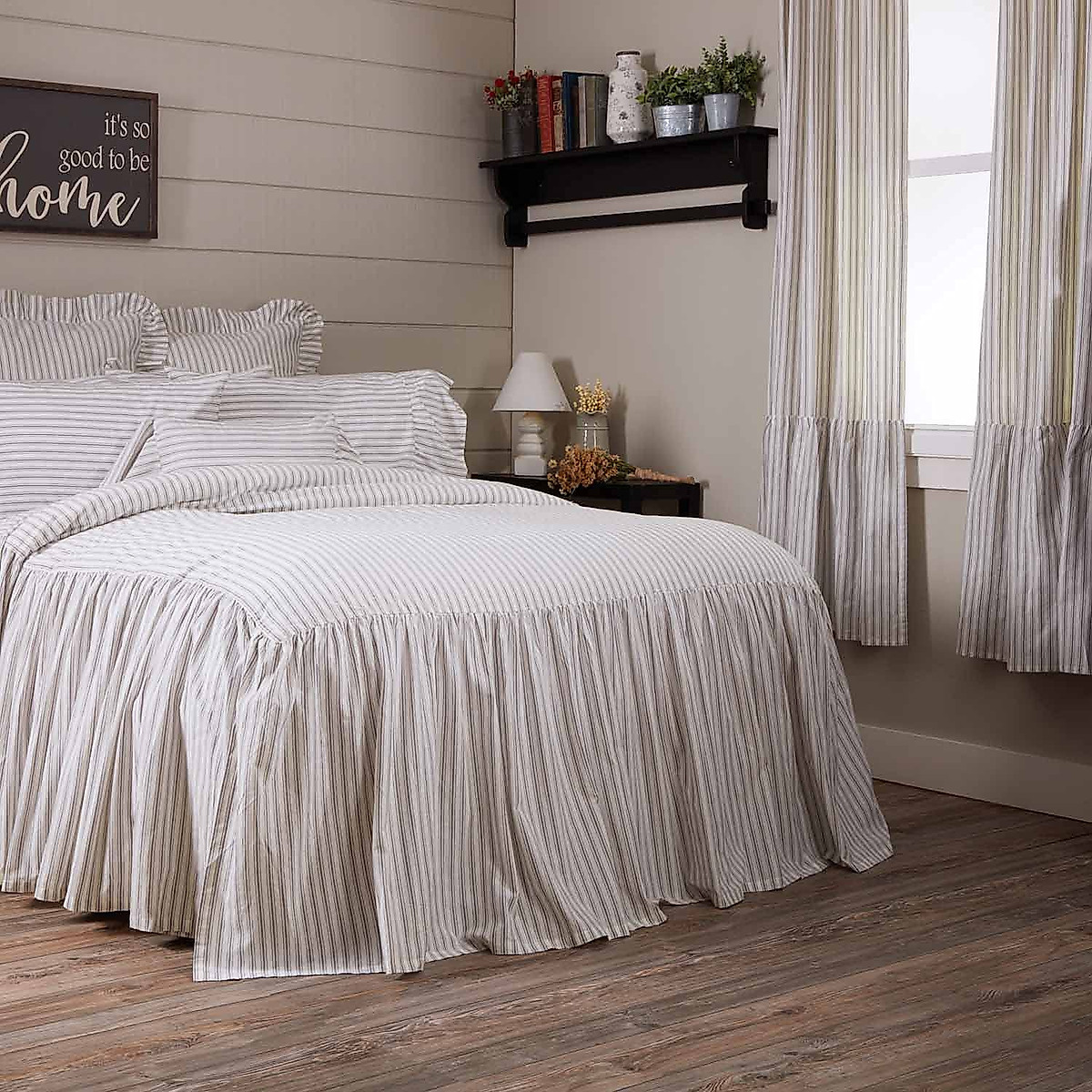 Timeless Ticking Ruffled Twin Size Bedspread, High Skirt on 3 Sides, Soft White and Gray Ticking Stripes, Vintage Farmhouse Bedding …