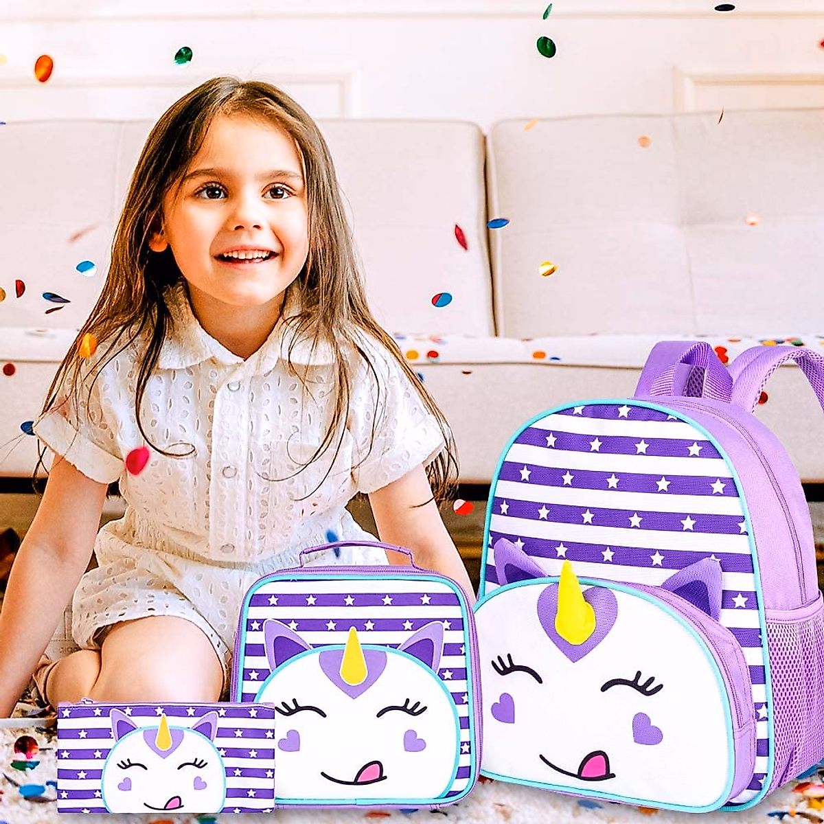 FTJCF 3PCS Toddler Backpack for Girls, 12" Unicorn Kindergarten Bookbag, Preschool Kids School Bag with Lunch Box - Purple