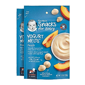 Gerber Snacks for Baby Yogurt Melts, Peach, Freeze-Dried Yogurt Snack Made with Real Yogurt & Fruit, Baby Snack for Crawlers, 1 Ounce Pouch (Pack of 2)