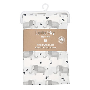 Lambs & Ivy Signature Gray Elephant Breathable Organic Cotton Fitted Crib Sheet