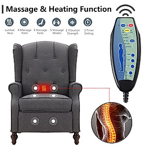 Consofa Wingback Recliner Chair with Massage and Heat Tufted Fabric Push Back Arm Chair for Living Room Vintage Recliner Chair with Remote Control, Padded Cushion, Backrest, Wooden Legs