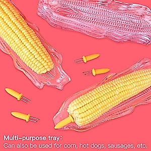 FEPITO 9 Pcs Corn Trays with 20 Pcs Corn Holders on the Cob Skewers Transparent Plastic Corn Dishes Corn Holders Cob Dinnerware for Sweet Butter Corn