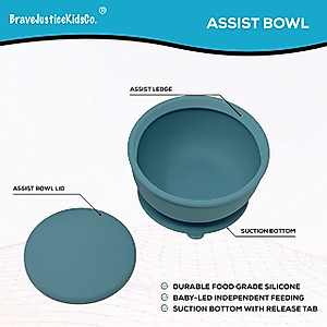 BraveJusticeKidsCo. | Silicone Assist Plate and Assist Bowl Combo Pack for Toddler and Baby | Suction Bowl and Plate| Baby-Led Feeding (Citadel)