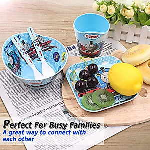 Finex Thomas the Train 5 Pcs Set Children Cartoon Durable Tableware Meal Dishes Mealtime Food Feeding Eating Set includes Dinner Serving Bowl Plate Cup with a Matching Spoon and Fork for Kids