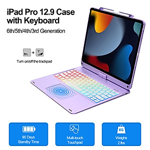 SENGBIRCH Touch Keyboard Case for iPad Pro 12.9-inch (3rd, 4th, 5th, 6th Generation) - 7 Colors RGB Backlit, 360° Swivel Hard Shell with Pencil Holder, Purple