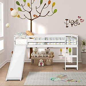 GLCHQ Multifunctional Design Solid Wood Twin Kids Loft Bed with Slide for Boys & Girls Bedroom (White)