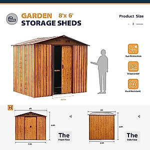 HAPPATIO Storage Shed 8x6', Outdoor Shed Woodgrain-Look Galvanized Metal Shed, Outside Sheds with Double Sliding Doors, Foundation, Outdoor Storage Shed Waterproof for Backyard, Garbage, Patio, Bikes