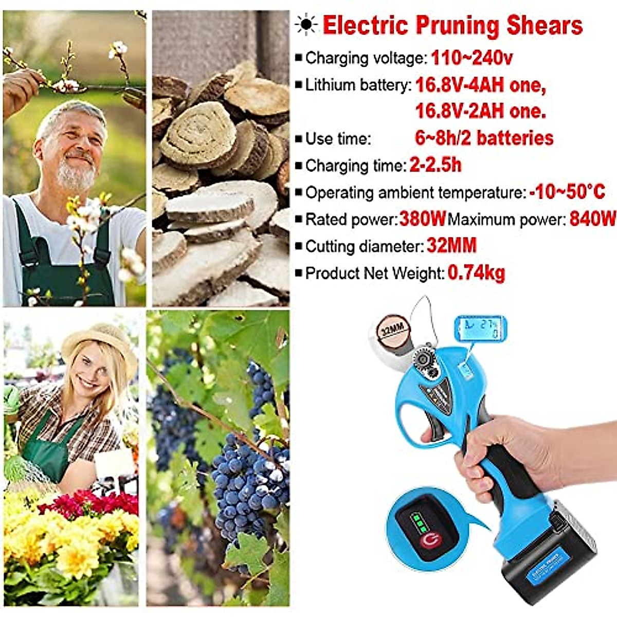 Cordless Electric Pruning Shears 32mm,16.8V Rechargeable Pruner Garden Shears Lightweight Branch Cutter with Backup Battery Powered and Portable Case (Size : Without Extension bar)