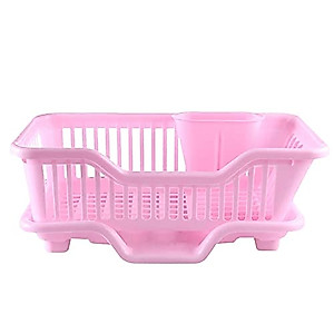 Environmental Plastic Kitchen Sink Dish Drainer Set Rack Washing Holder Basket Organizer Tray, Approx 17.5 x 9.5 x 7INCH (Pink)