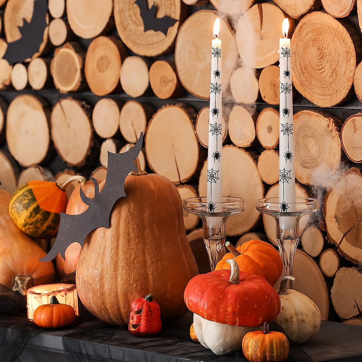 Threlaco 12 Pcs Halloween Taper Candles 10 Inch Tall Unscented Candle Sticks White Black Spider Candle Set Halloween Gifts Holiday Decor for Dinner, Party, Wedding, Anniversary