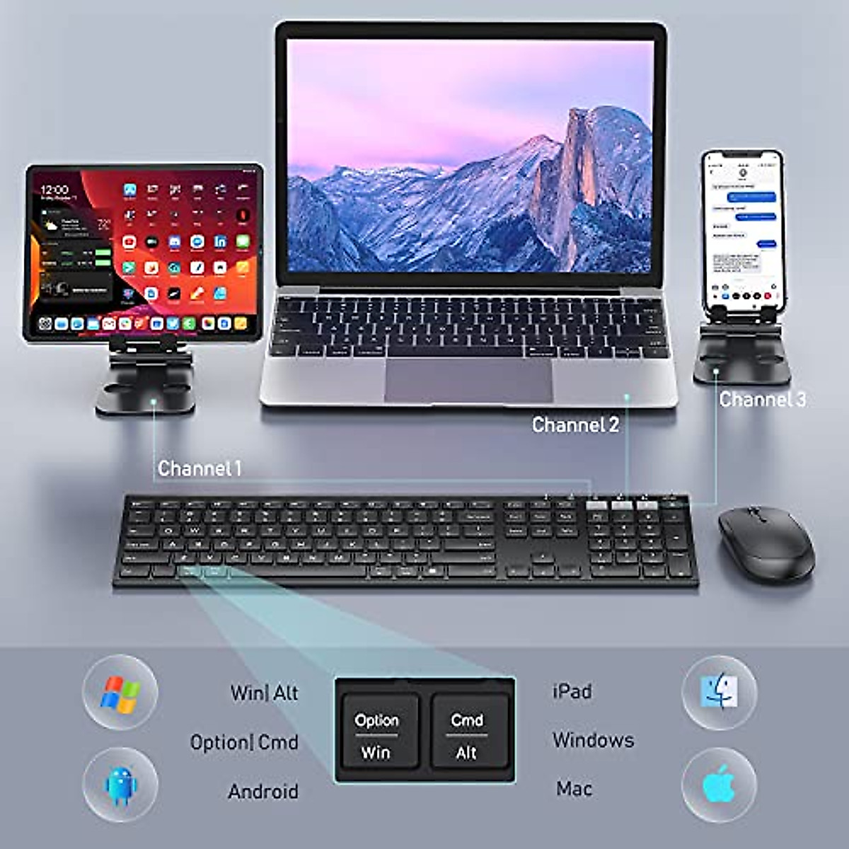 Bluetooth Keyboard Mouse, Multi-Device Wireless Keyboard and Mouse Combo, Ultra Slim, Rechargeable, Dual-Mode(Bluetooth 4.0 + USB), Windows/Mac OS/Android (Black)